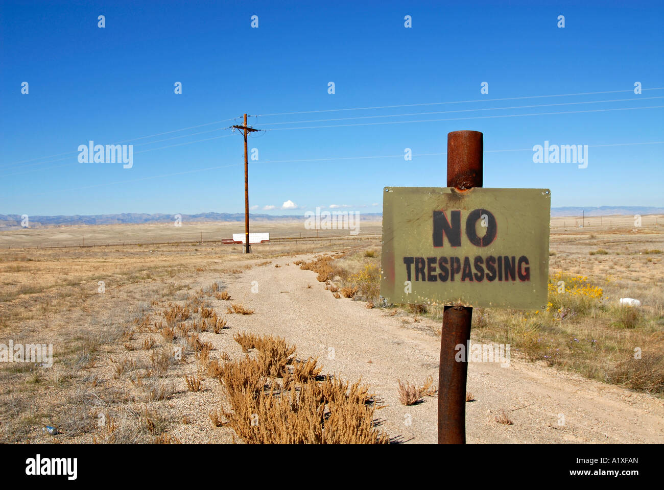 No trespassing sign, dirt road, Cisco Ghost town, Utah, USA Stock Photo ...