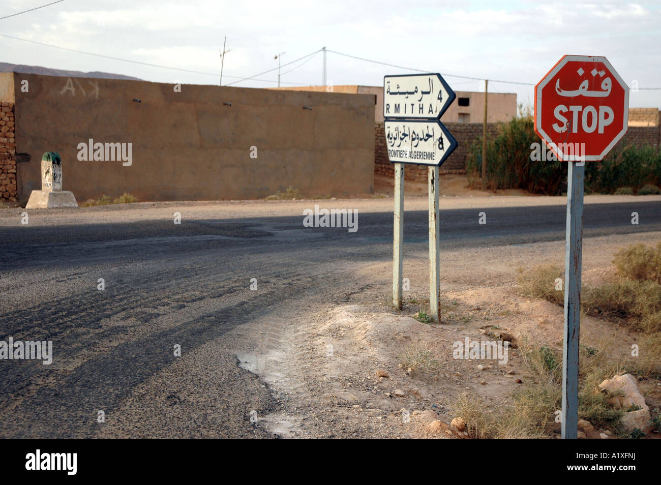 Way from Gafsa to Mides in Tunisia. Sign informed in french and arabian ...