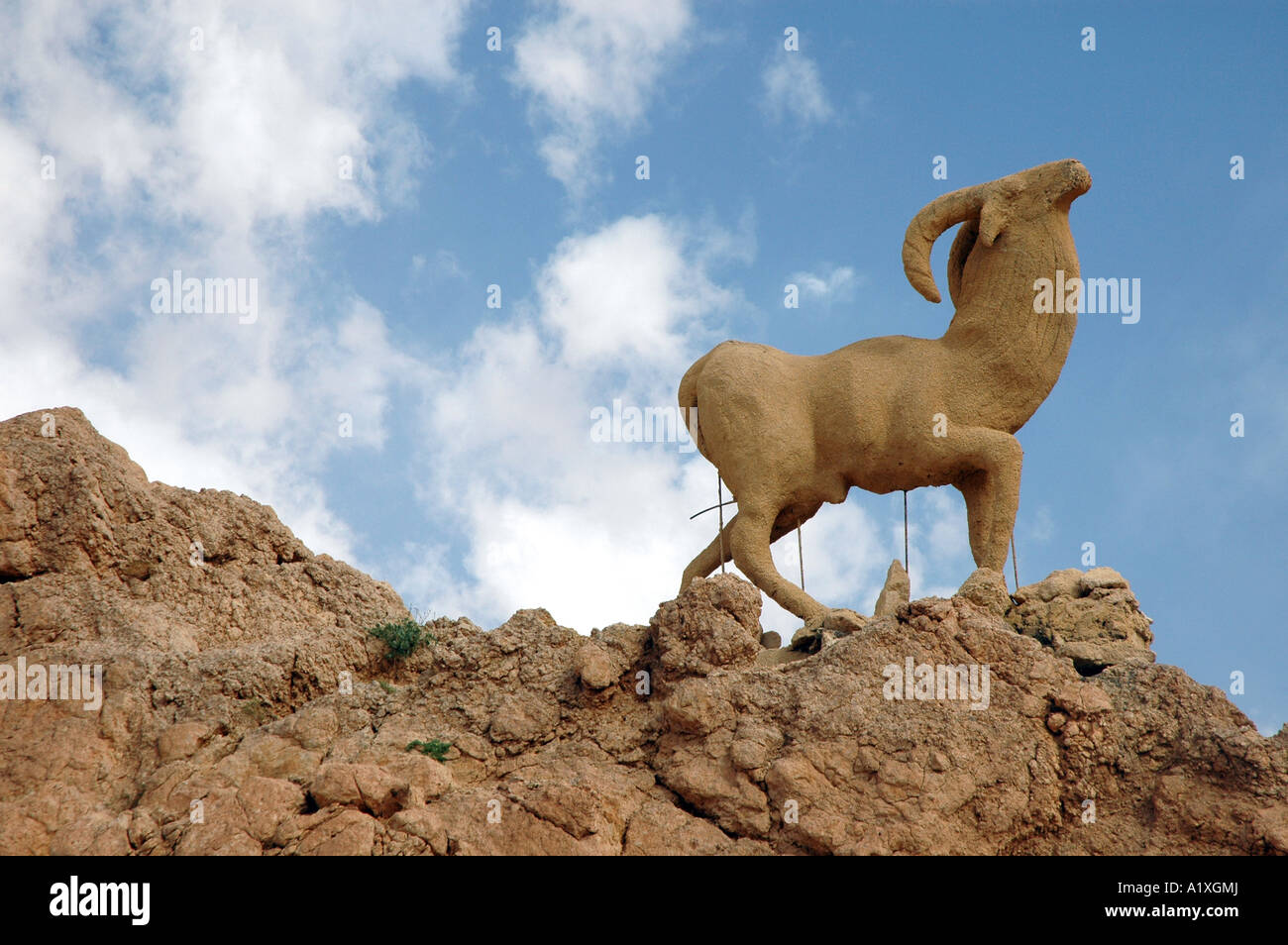 Stony statue of an mountain goat in Chebika oasis in Saharian Atlas ...