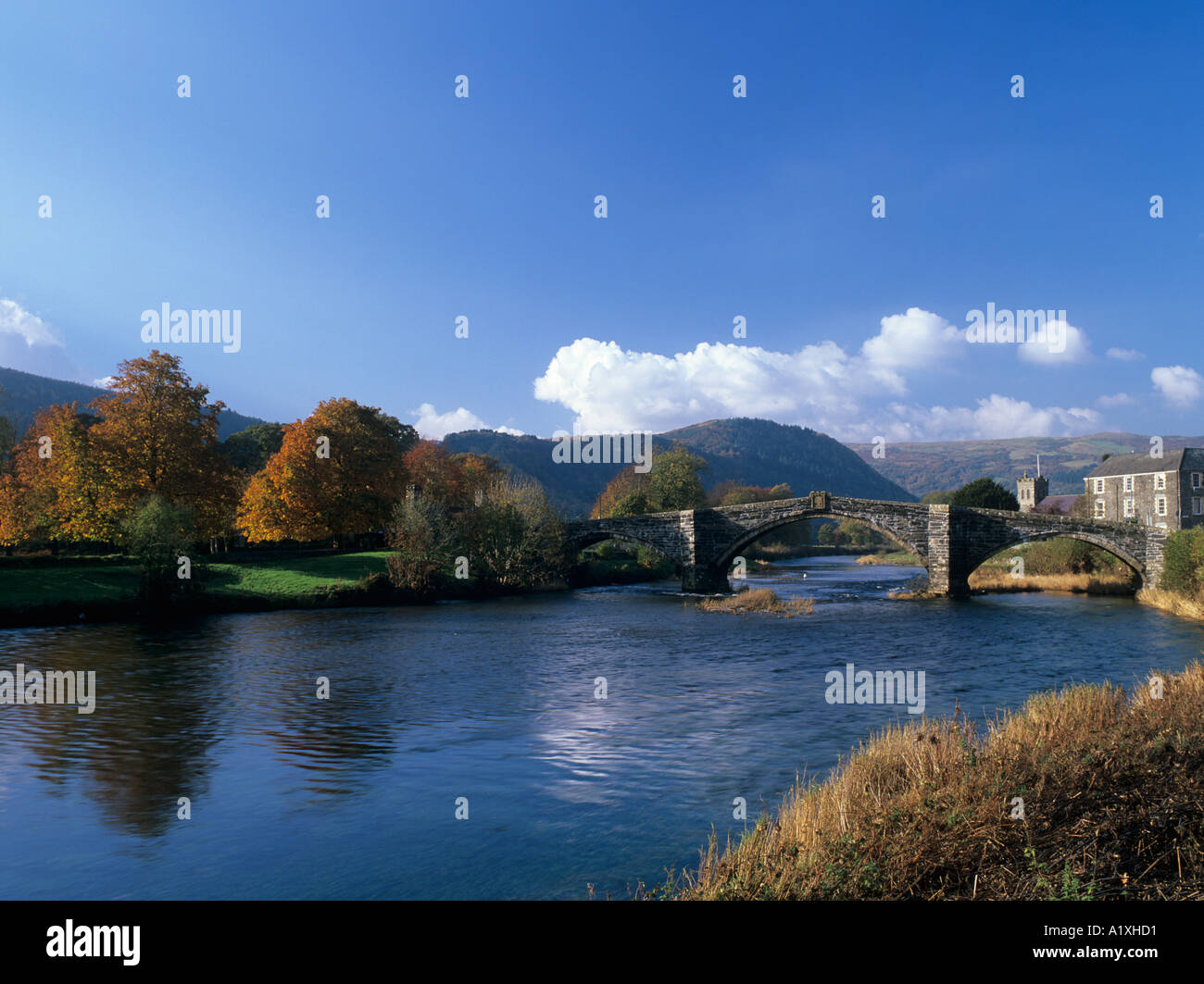 River Conwy and Pont Fawr arched stone bridge 1636 in autumn Llanrwst ...