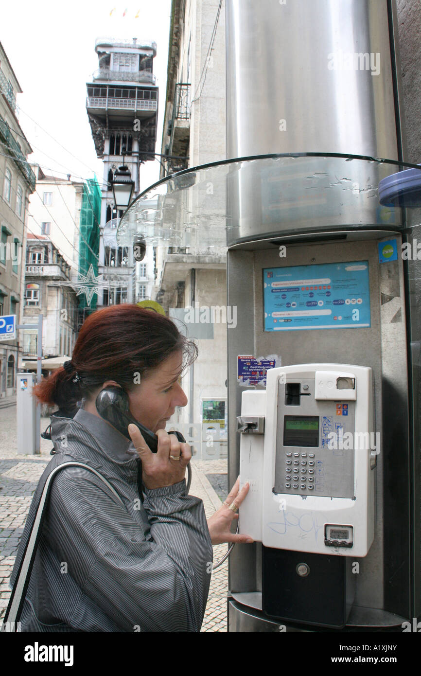 Portugal, Lissabon, phone booth and Elevador de Santa Justa Stock Photo ...