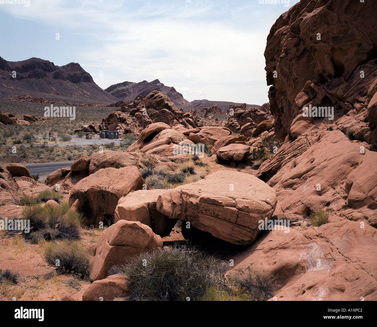 Public rest area and toilet facilities by a street in the desert large ...