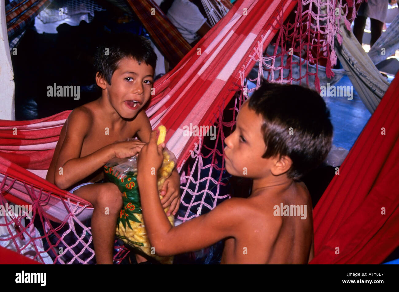 Amazonian Indian boy in his hammock on a Amazon riverboat, Brazil Stock ...
