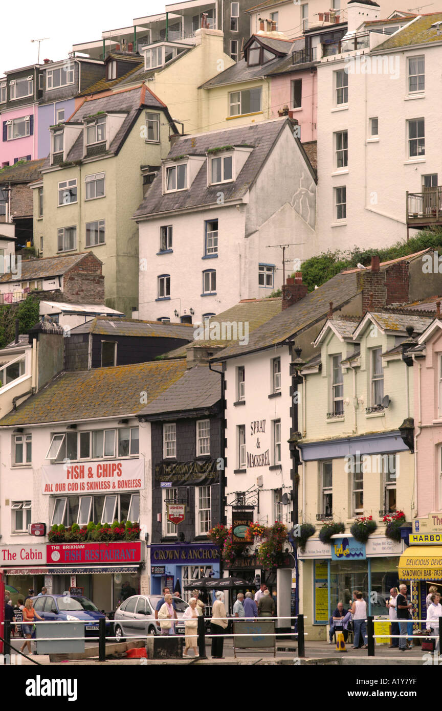 Shops and houses at Brixham Harbour Devon England UK September 2005 ...