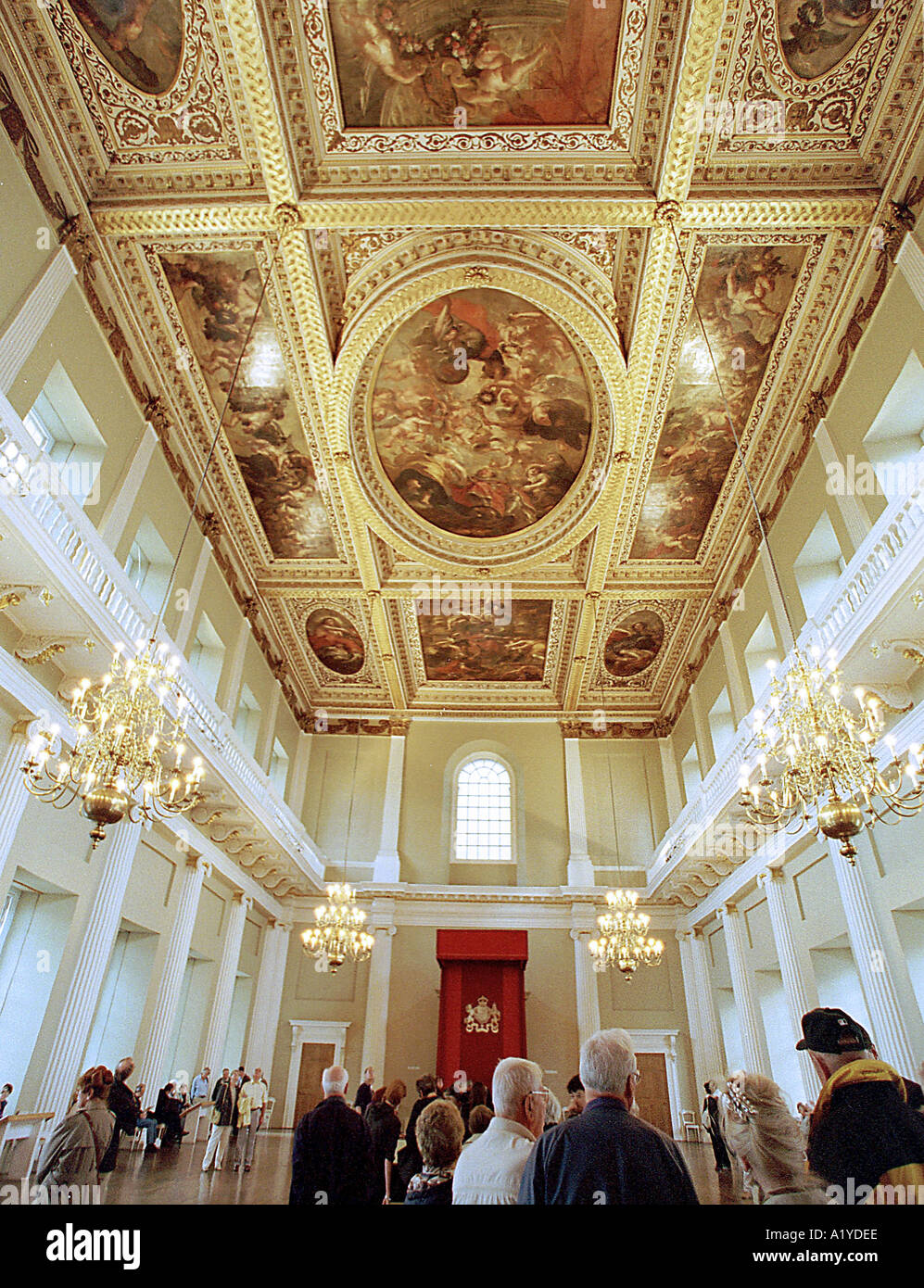 Painted ceiling of the Banqueting House Whitehall London England.The ...