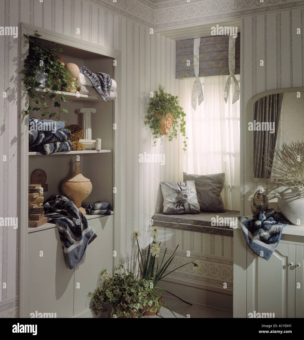 bedroom sitting window alcove dresser mirror shelf shelving pottery ...