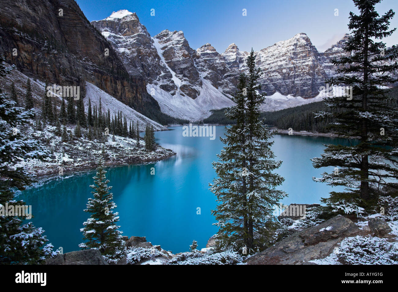 Snowy Moraine Lake from the Rockpile viewpoint, Banff National Park ...