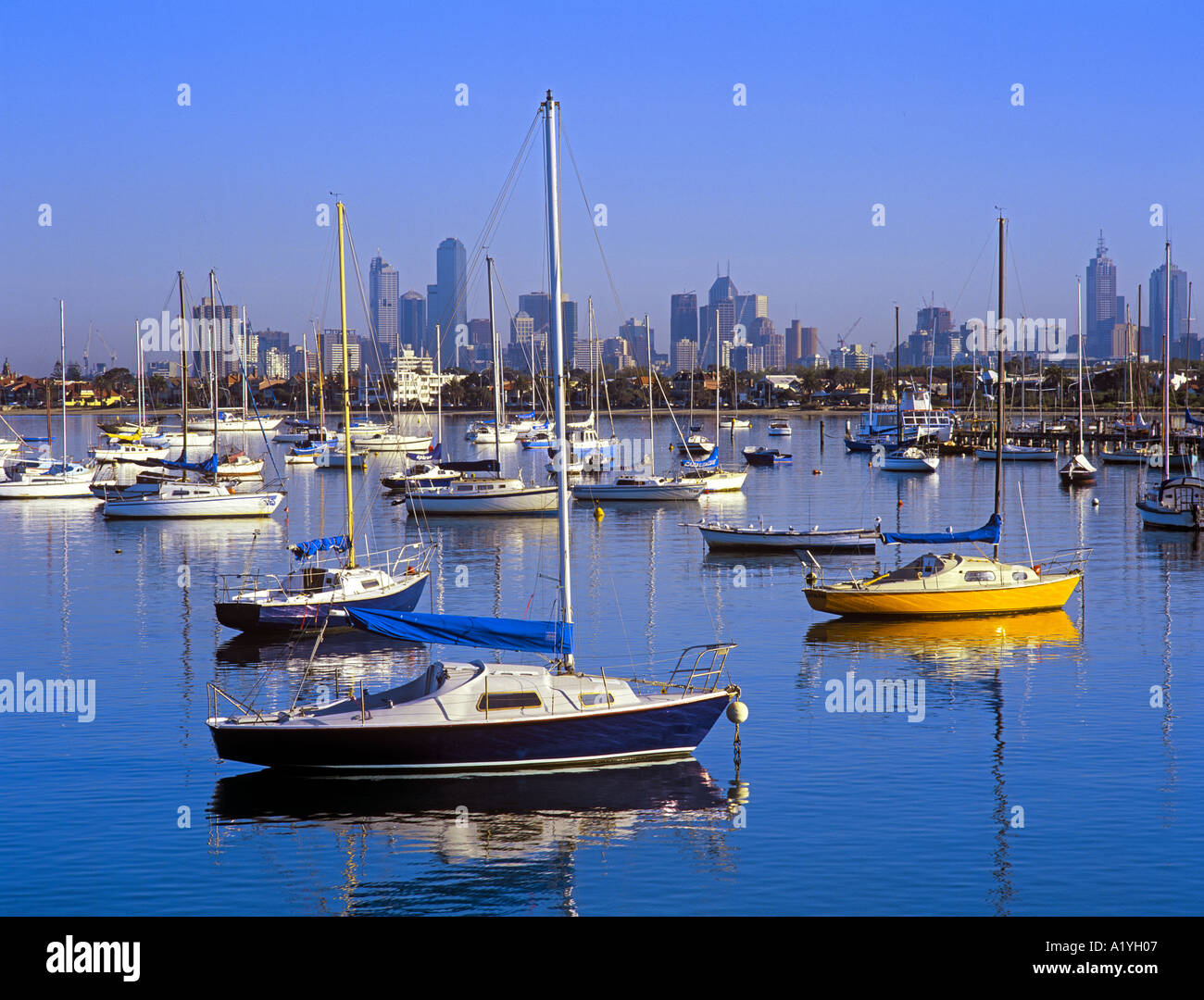 Boats at anchor off St. Kilda Pier Melbourne, Port Phillip Bay ...