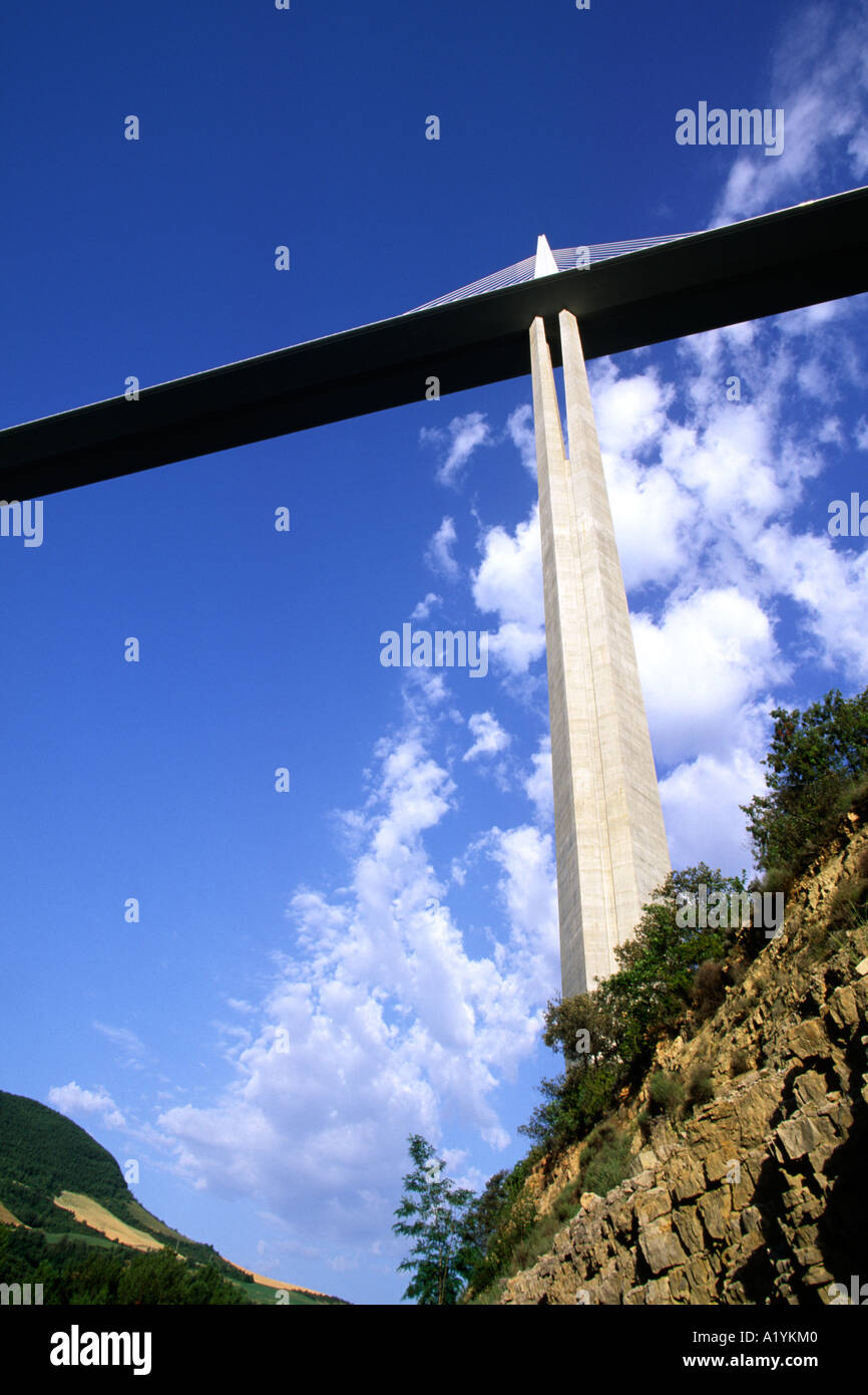 Millau motorway viaduct. Looking from underneath at the tallest part of ...