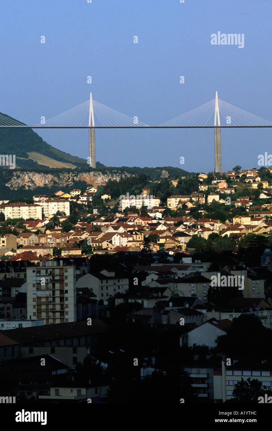 City of Millau, Aveyron, France. With the Millau motorway viaduct ...