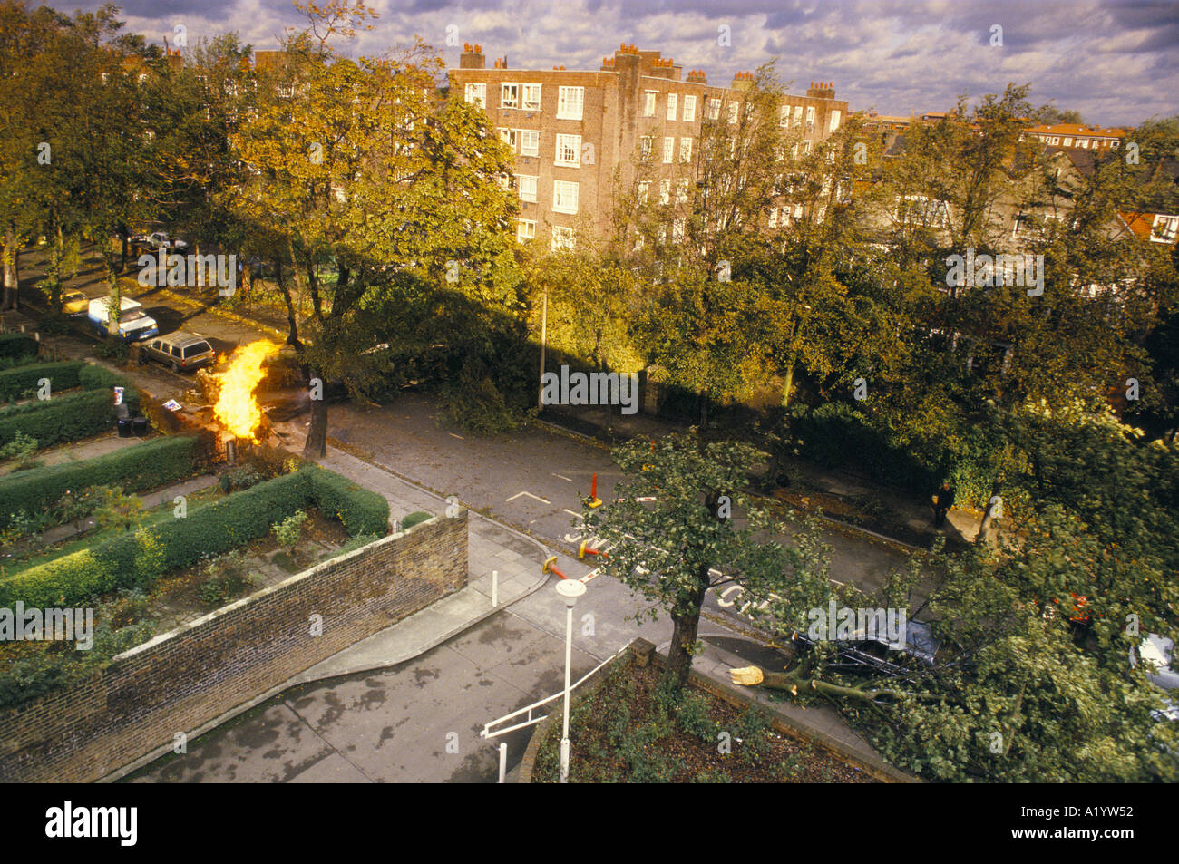 FIRE FROM RUPTURED GAS PIPE BURNING OUT OF CONTROL TREE LYING ON ...