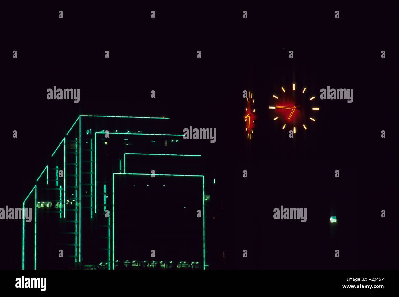 The neon sign of the clock and the building in Dallas U.S.A. North ...