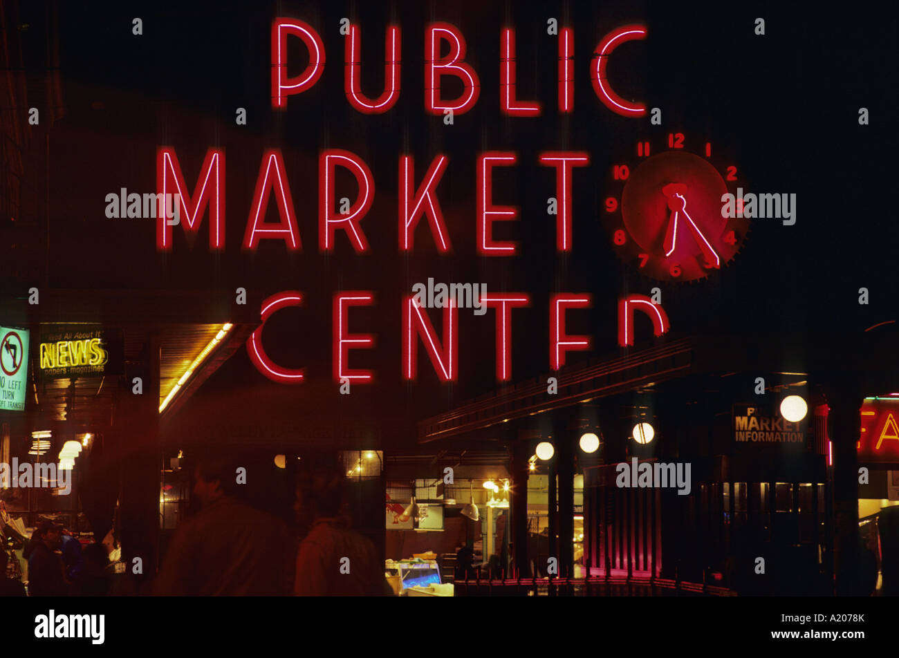 The neon sign of the market in Seattle U.S.A. North America Stock Photo ...
