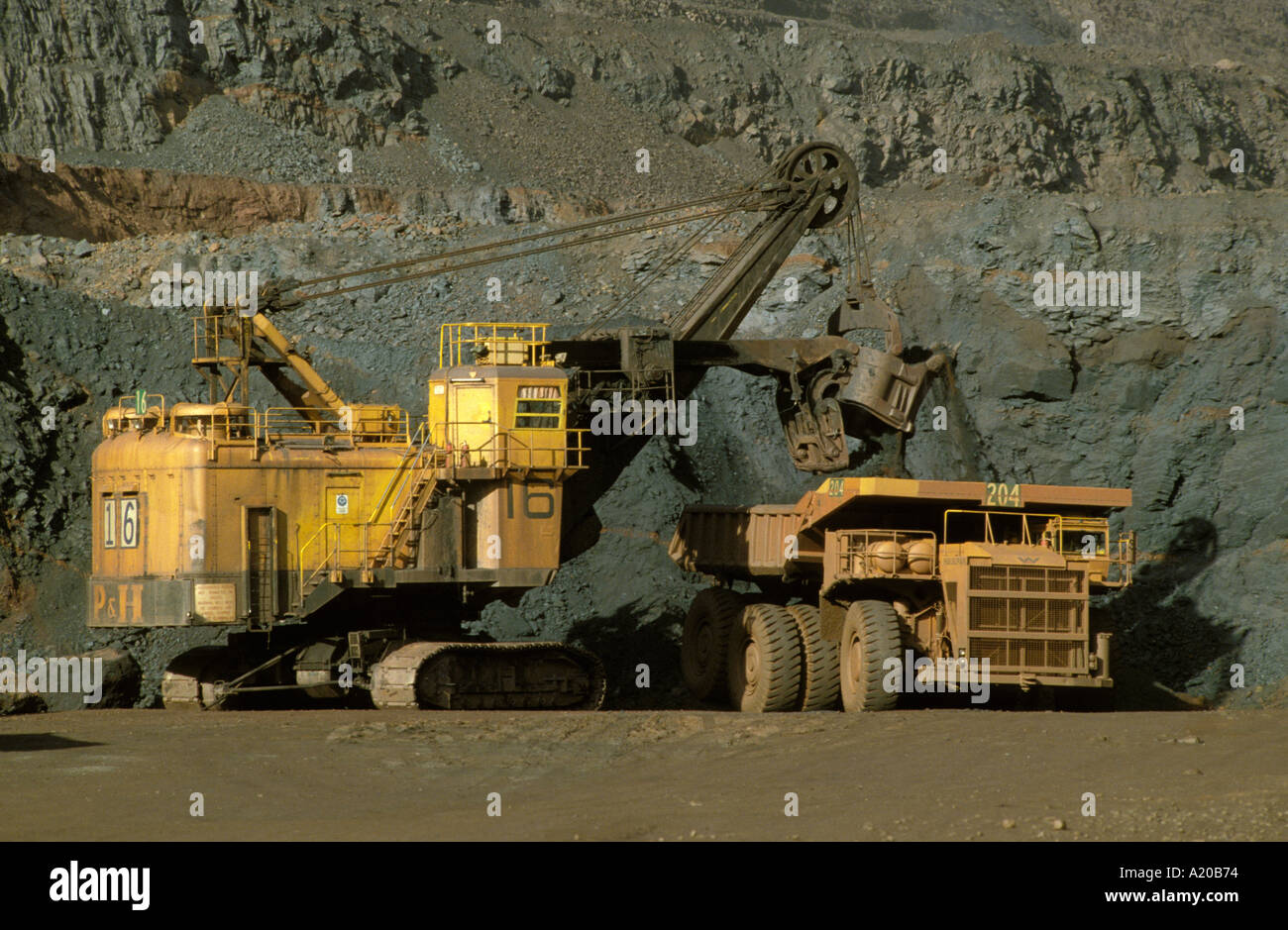Gigantic shovel loading heavy dump truck in mine Stock Photo - Alamy