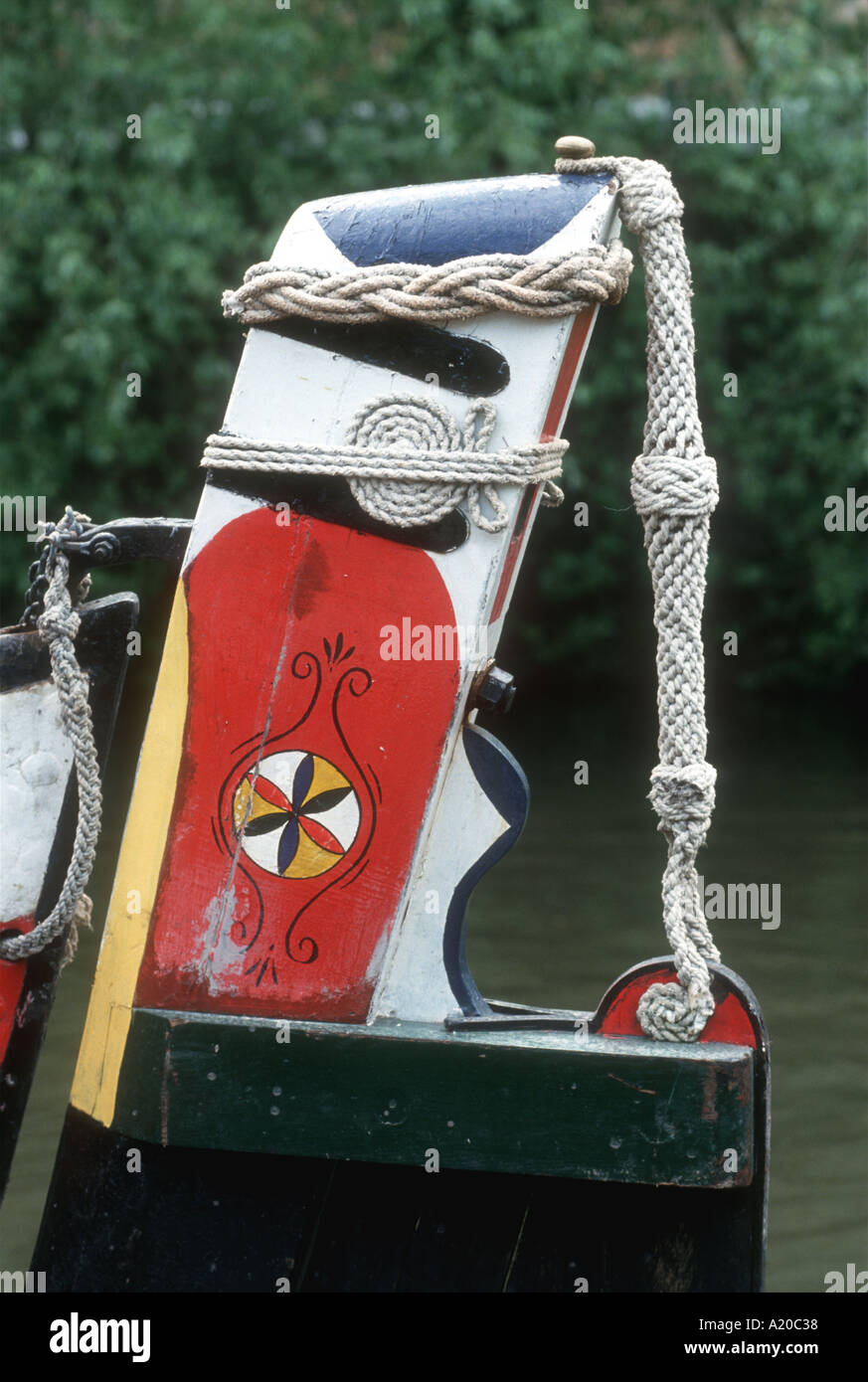 Decorated narrowboat rudder stem and rams head Oxford Canal Oxfordshire ...