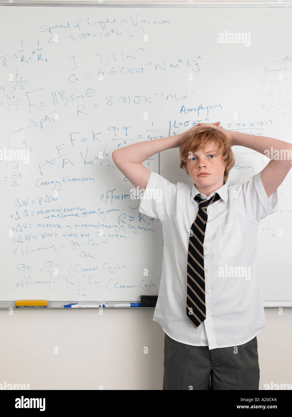 Elementary school student standing by whiteboard in math class ...