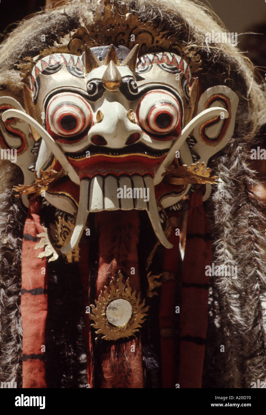A fearsome barong mask worn by a performer in Balinese dance drama ...