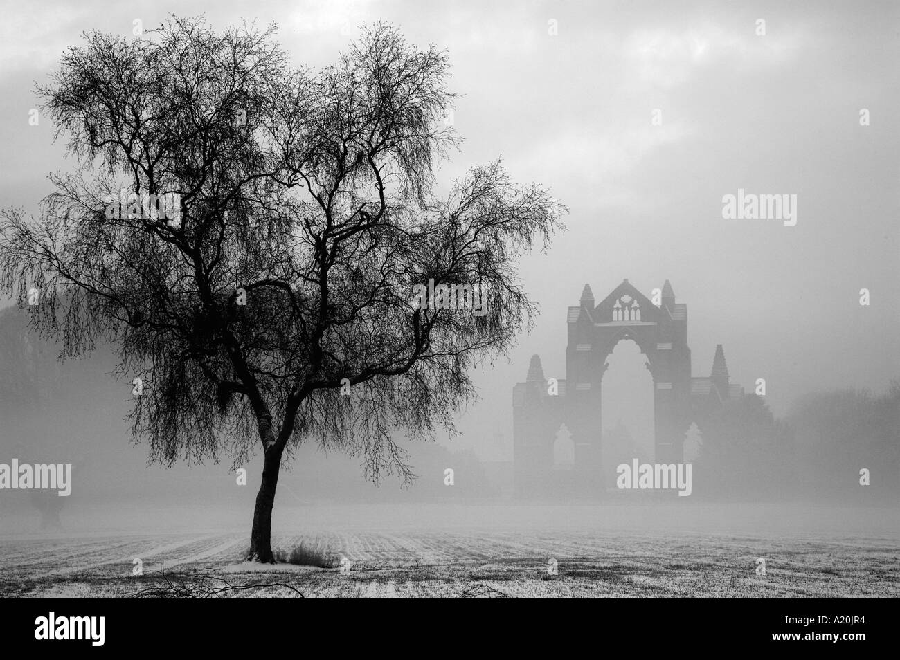 Black and White image of A20JR3 Winter snow and dawn mist at Gisborough ...
