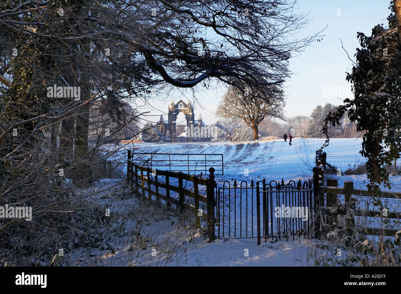 Winter snow and mist at Gisborough Priory seen from the Applegarth ...