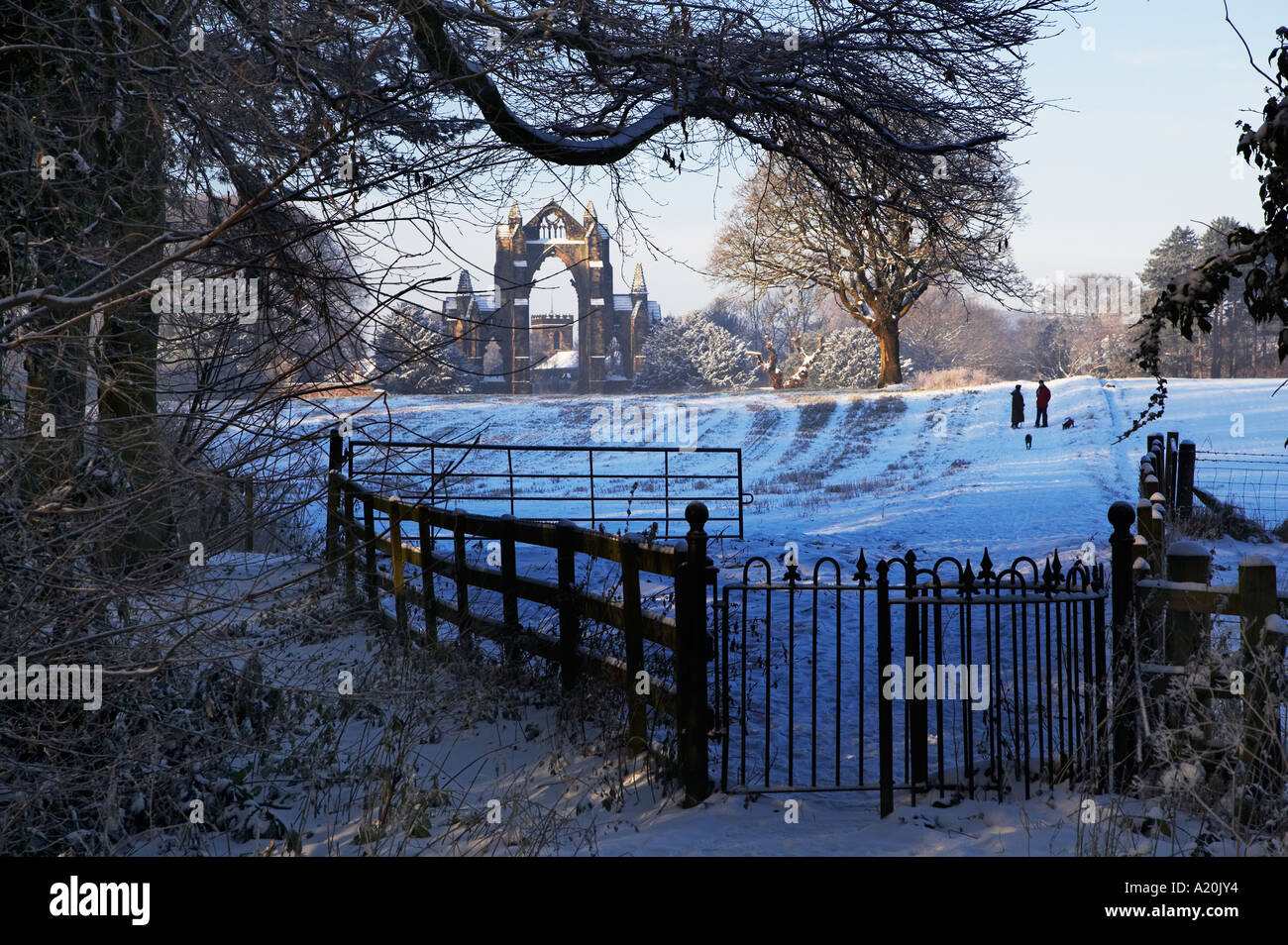 Winter snow and mist at Gisborough Priory seen from the Applegarth ...