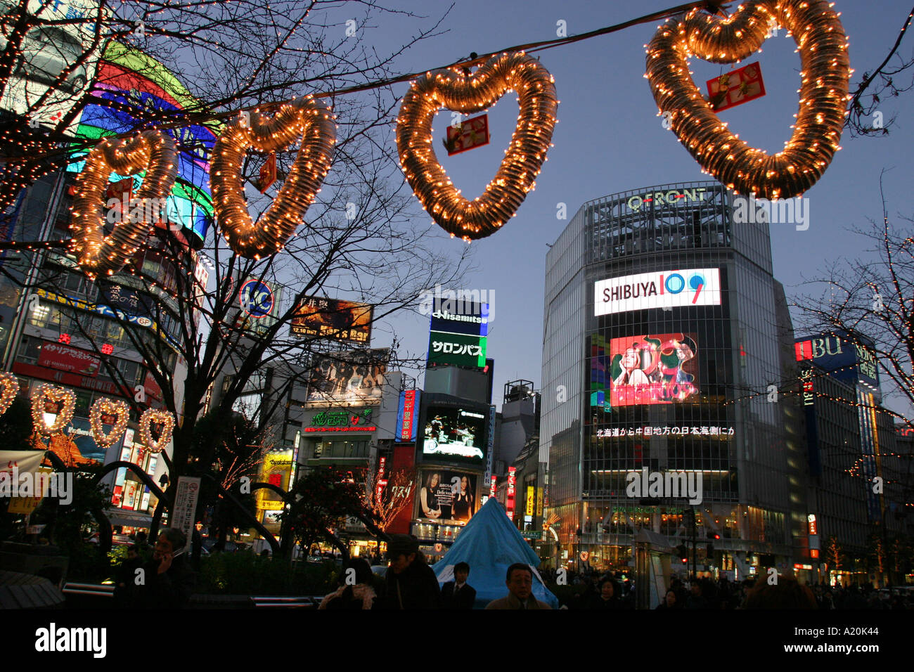 The shopping and entertainment area of Shibuya crossing lit up at night ...