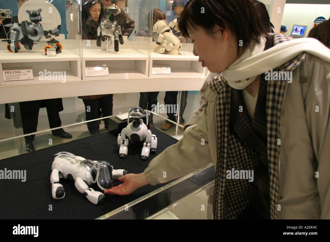 Shoppers look at the Aibo computer robot dog in the Sony computer and electronics store, Ginza ...