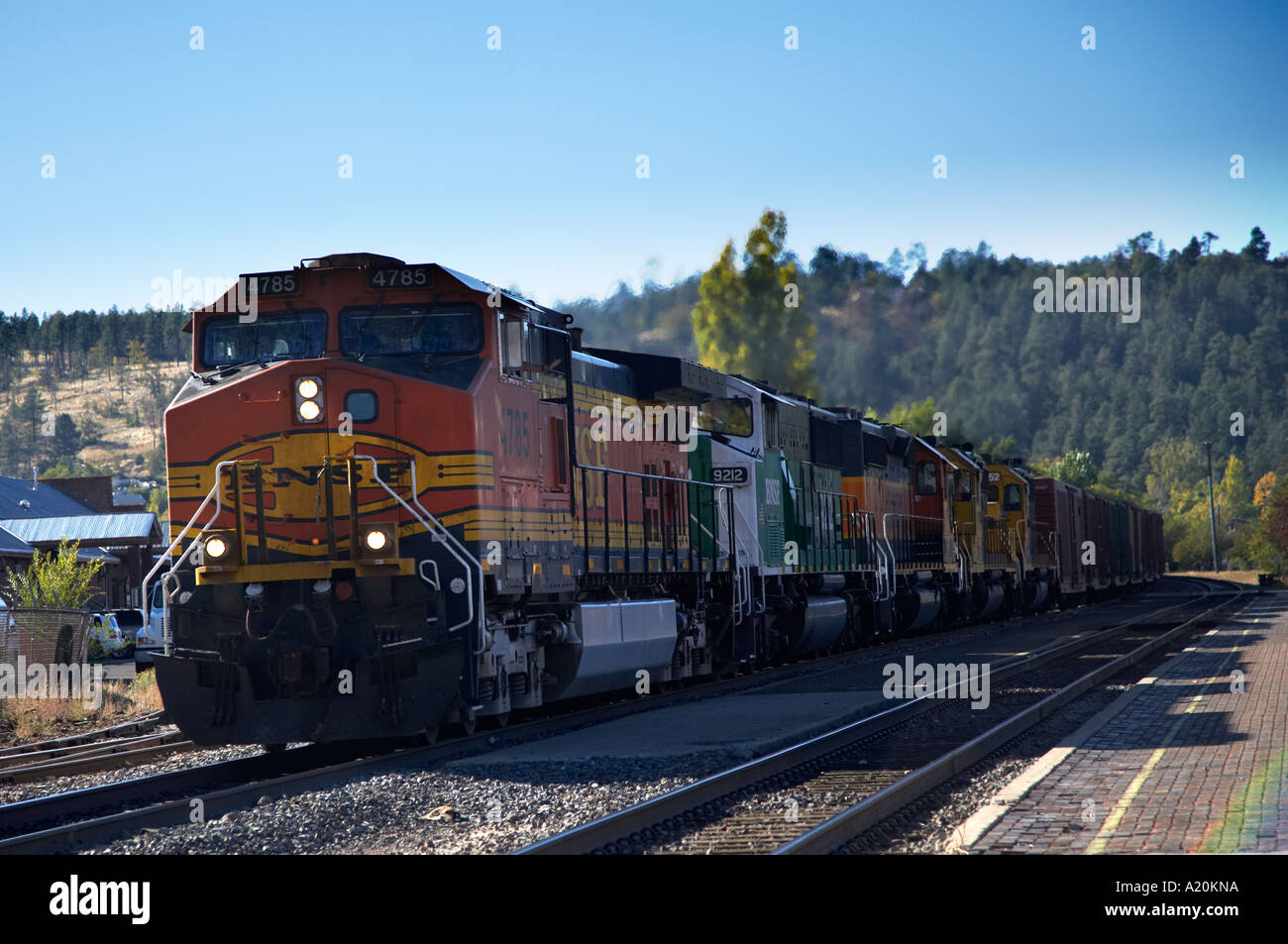 Goods Train Passing through Flagstaff Arizona USA Five engines pulling ...