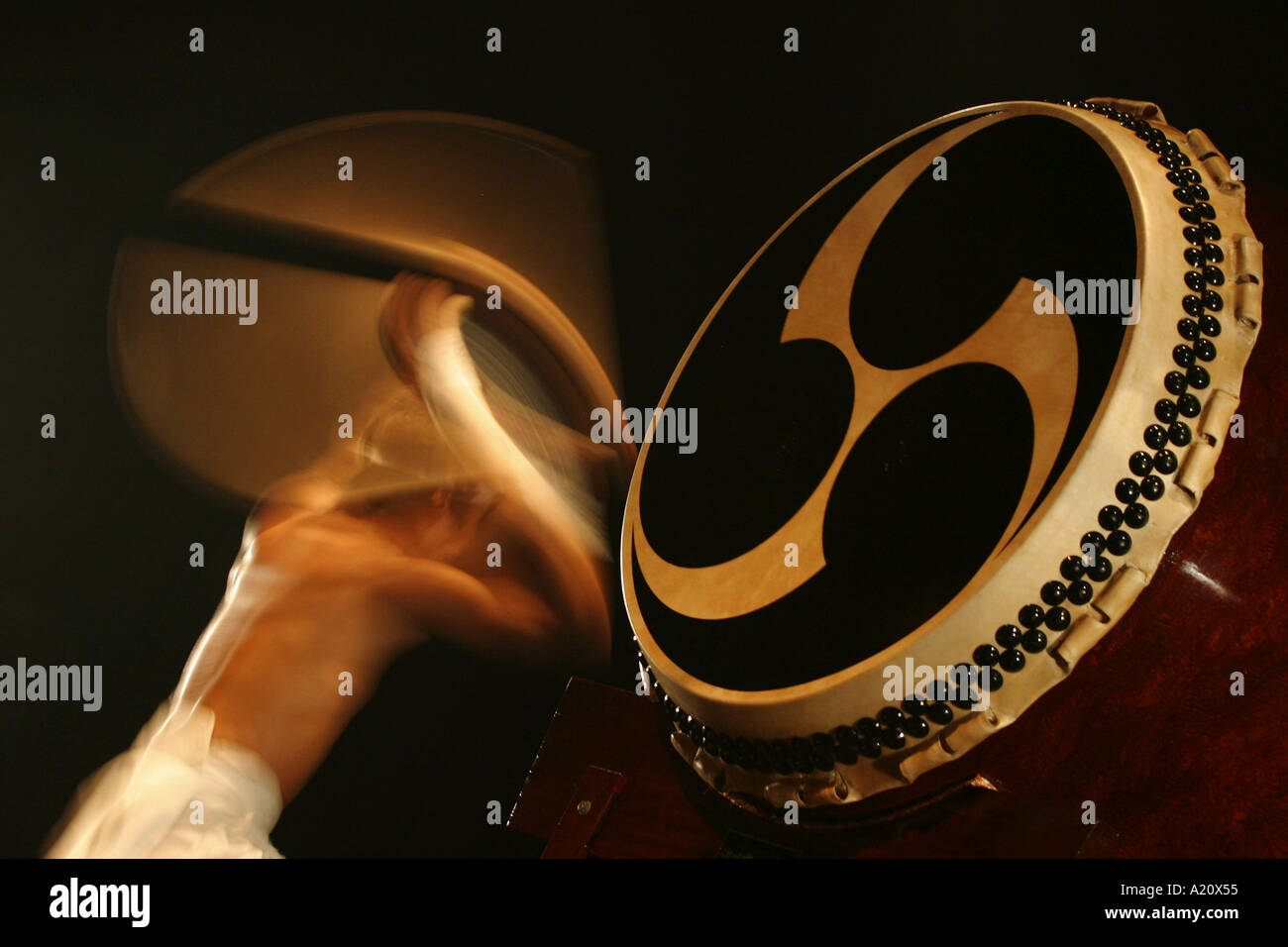 Ryohei Taki of TAO Drummers performing on the Odaiko drum at Tomeikan ...
