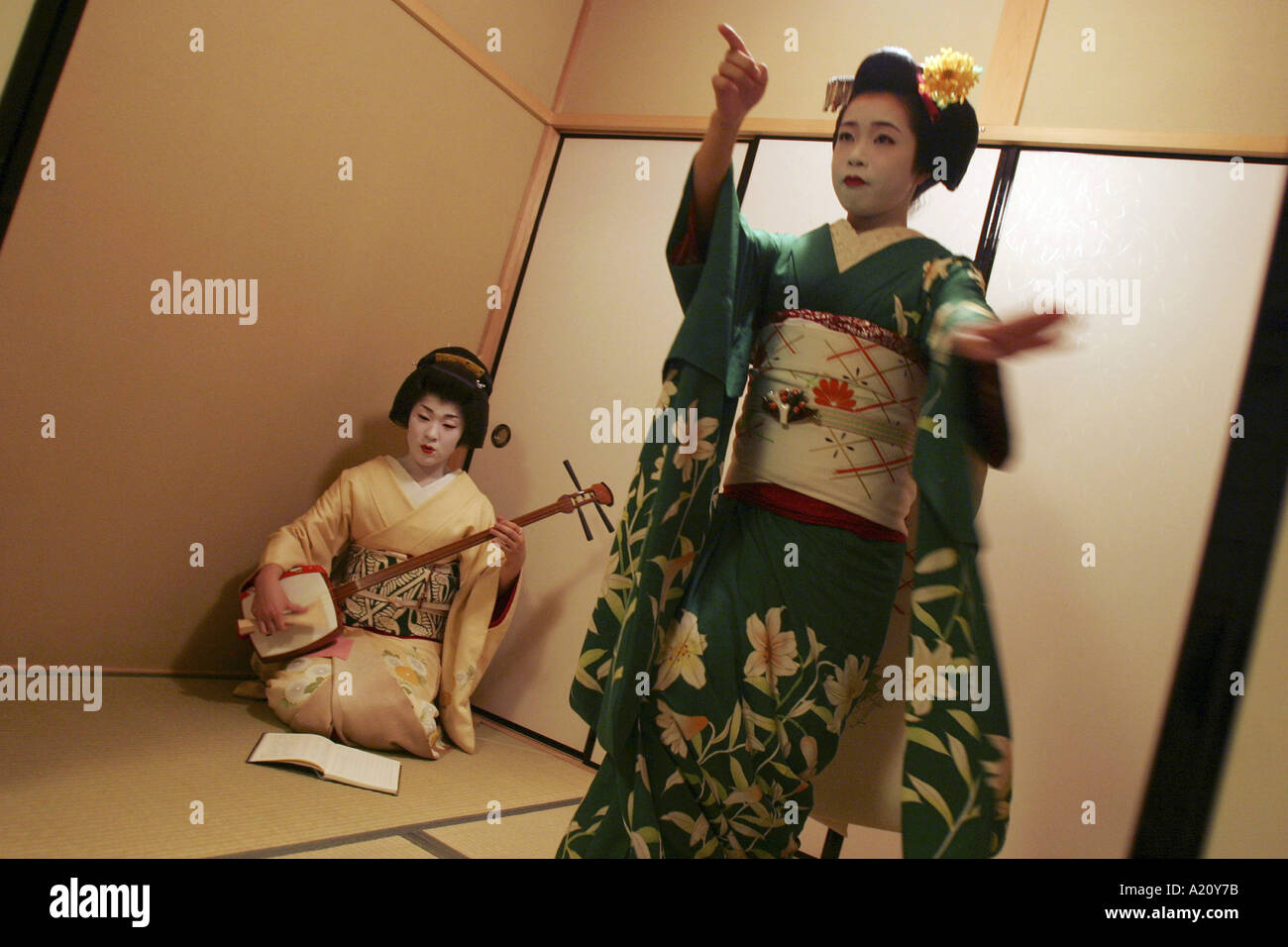Geisha and maiko girl sing and dance for clients, Kyoto, Japan Stock ...