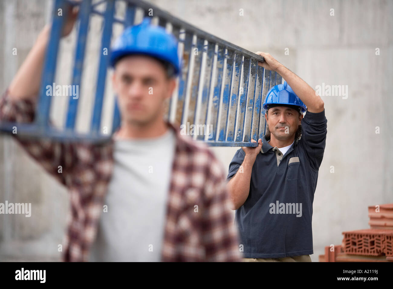 Two construction workers carrying ladder Stock Photo - Alamy