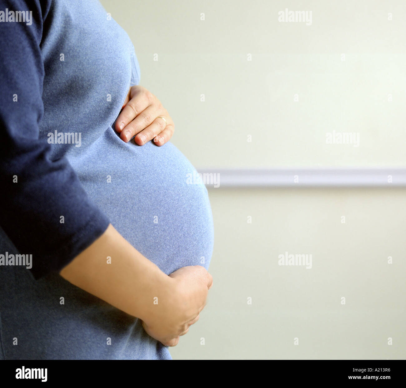 Detail horizontal color image of a pregnant womans stomach in natural ...