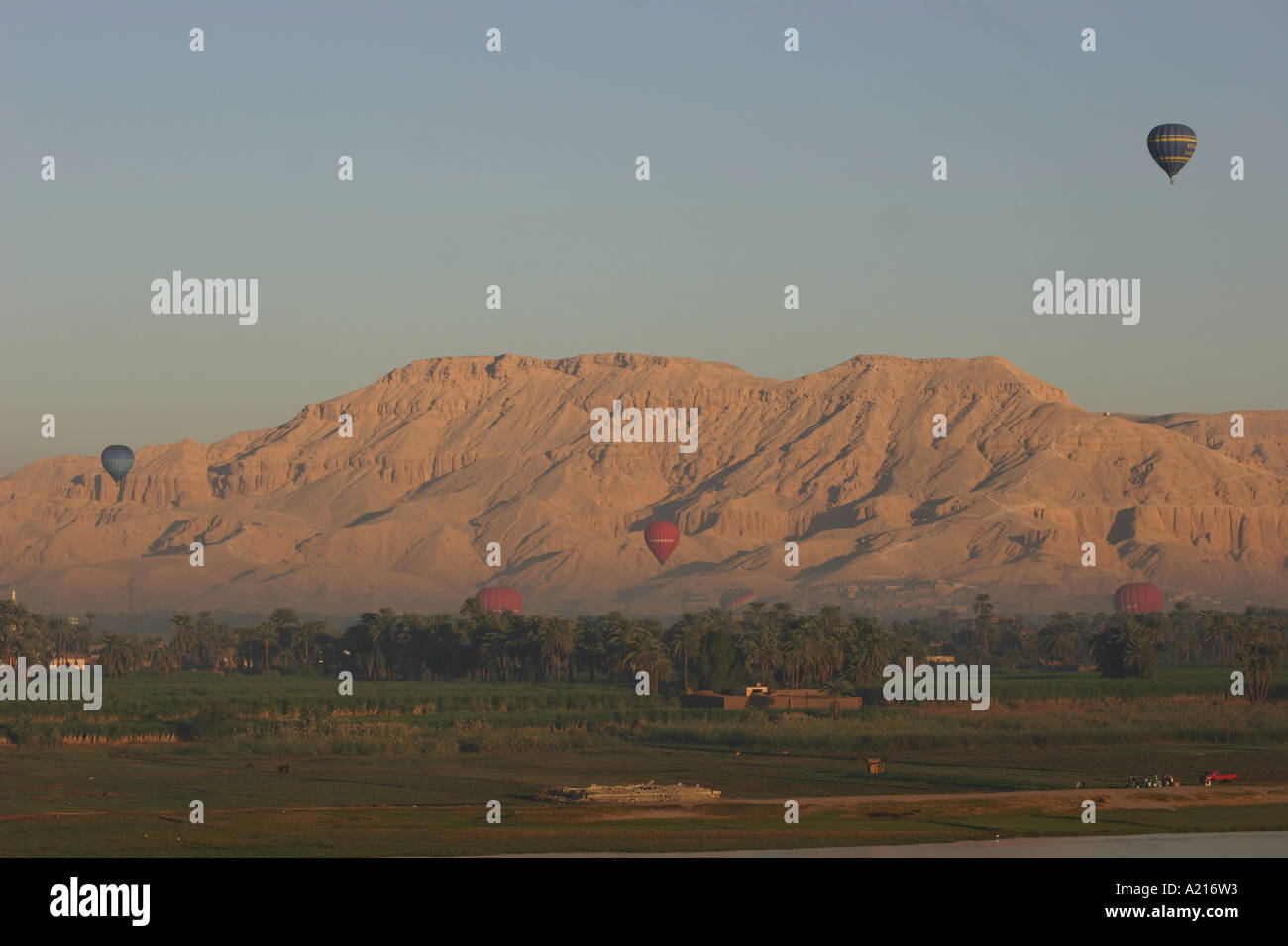 Hot air balloons rising in Egypt over the Valley of the Kings at dawn ...