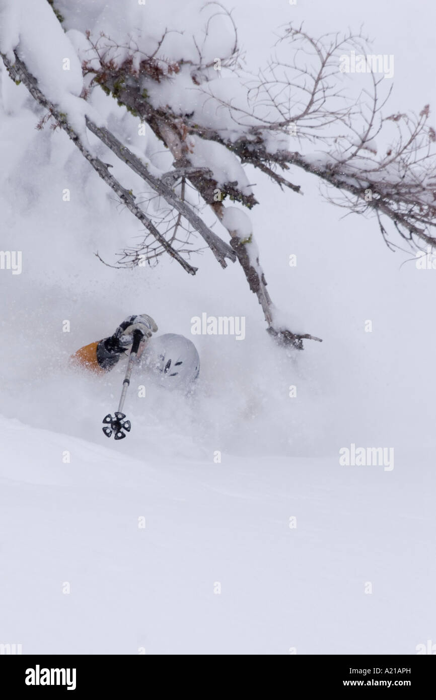 A man skiing deep powder snow in a storm Alpine Meadows in Lake Tahoe ...