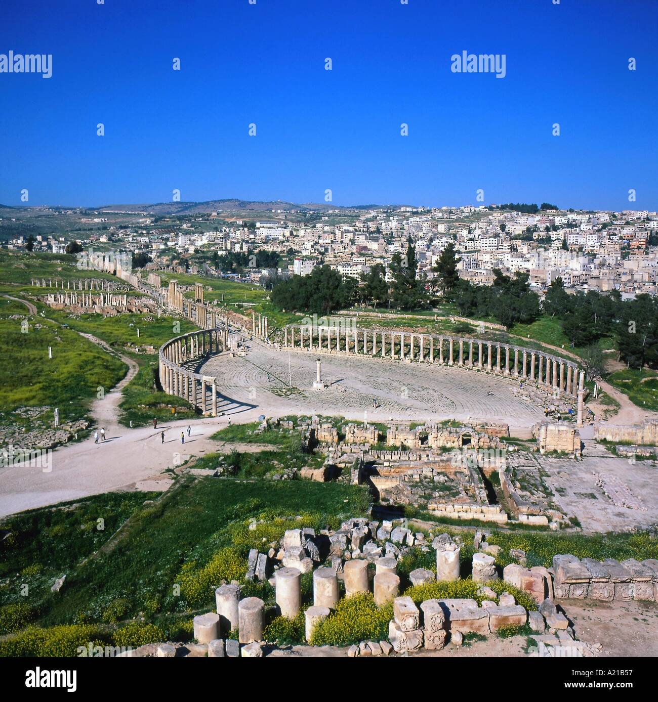 Aerial view over the Oval Forum Roman dating from C1st at the ancient ...
