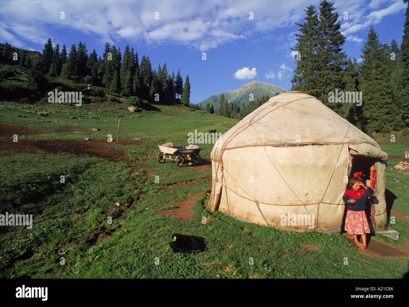 Little girl in red at the door of a yurt at Altyn Arashan near Kara Kol ...