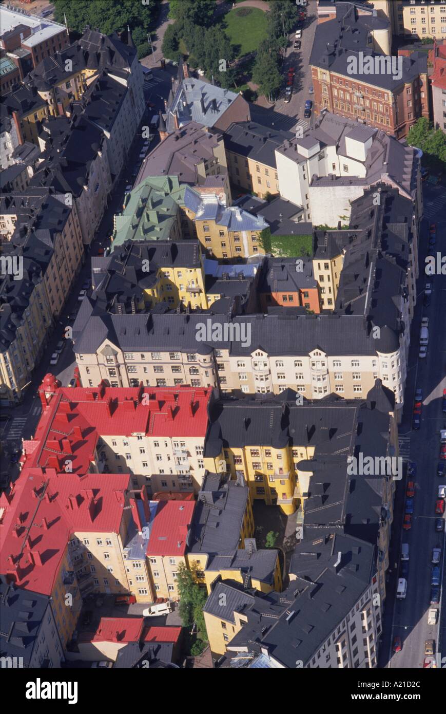 Low aerial view of apartment blocks in the city of Helsinki Finland The ...