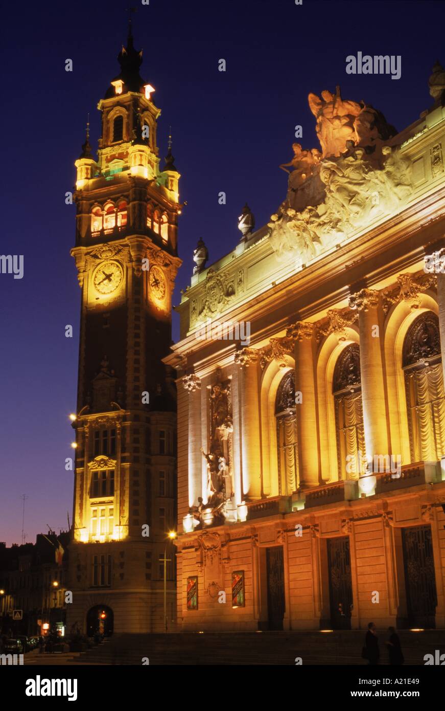 The Opera and Chamber of Commerce buildings illuminated at night in the ...