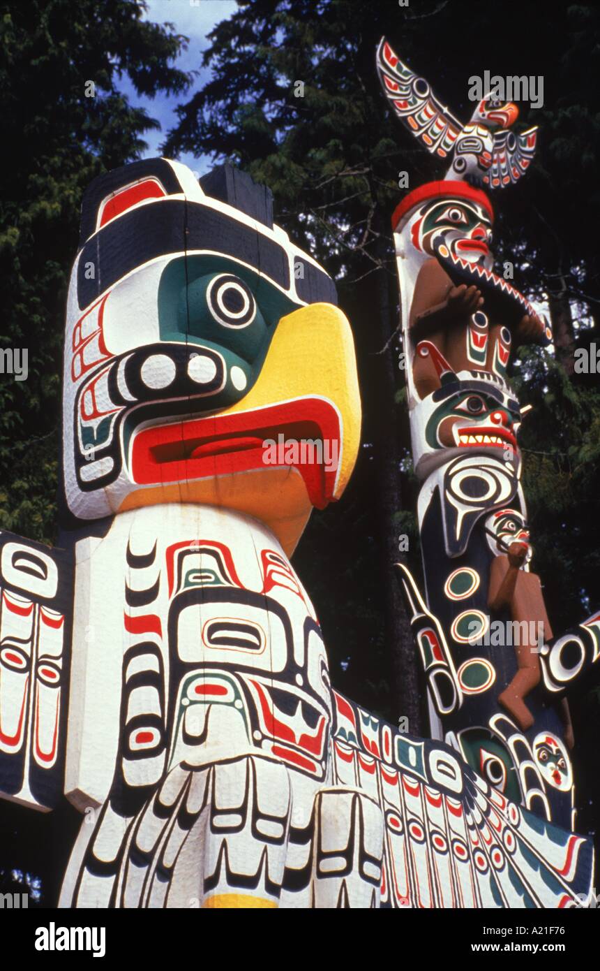 Close up of North American Indian totem poles in Stanley Park Vancouver ...