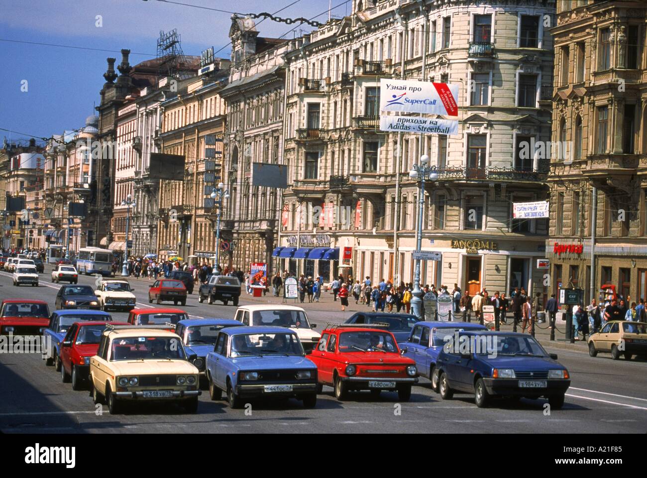 Street scene with traffic shops and commercial buildings in the Nevsky ...