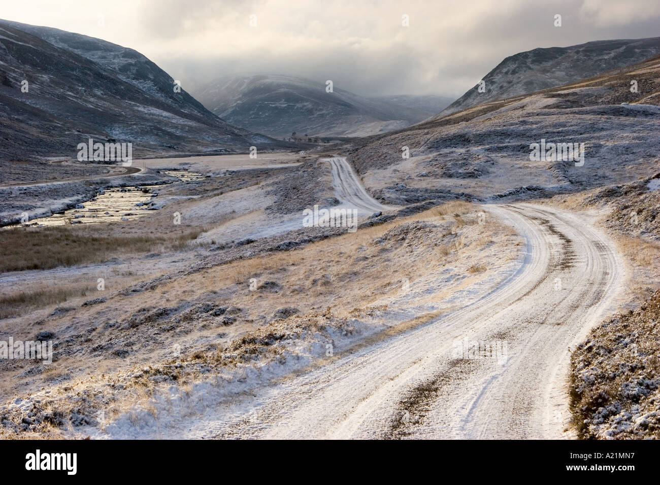 Scottish Winter scene 'Snow on the road' - Glen Cluny, Braemar moorland ...