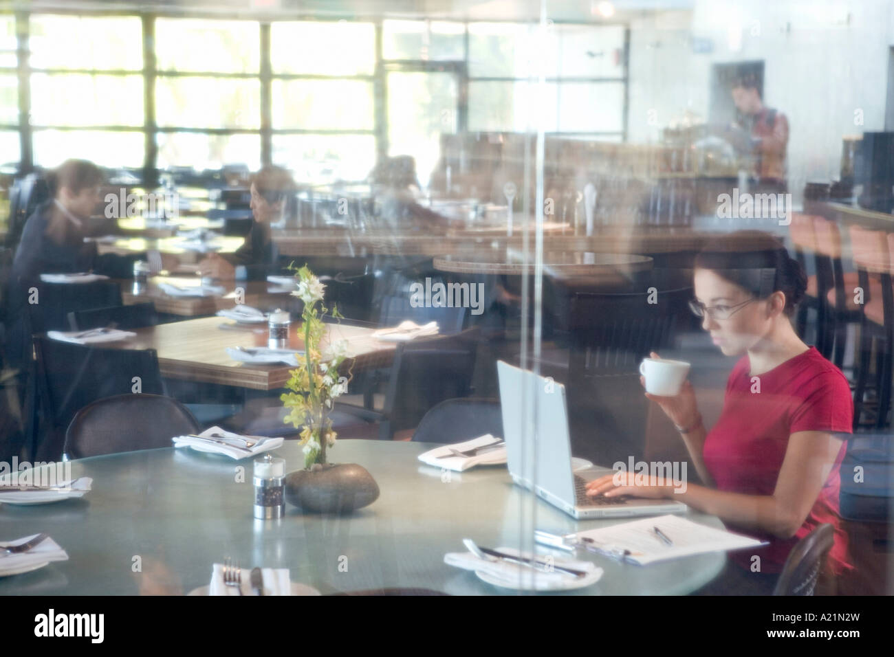 Woman Using Laptop in Restaurant Stock Photo - Alamy