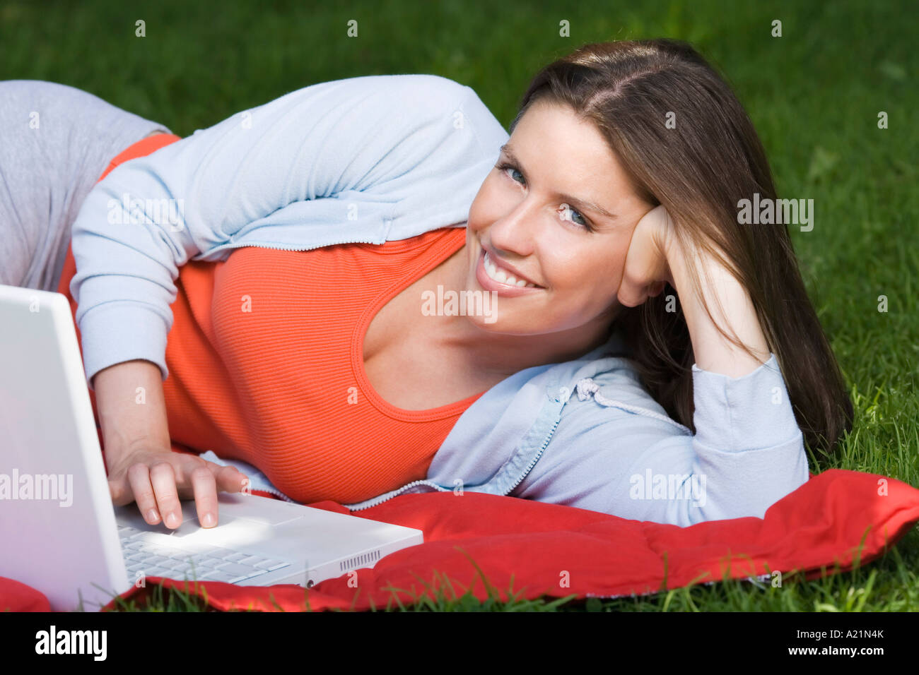 Woman Using Laptop Computer Outdoors Stock Photo - Alamy
