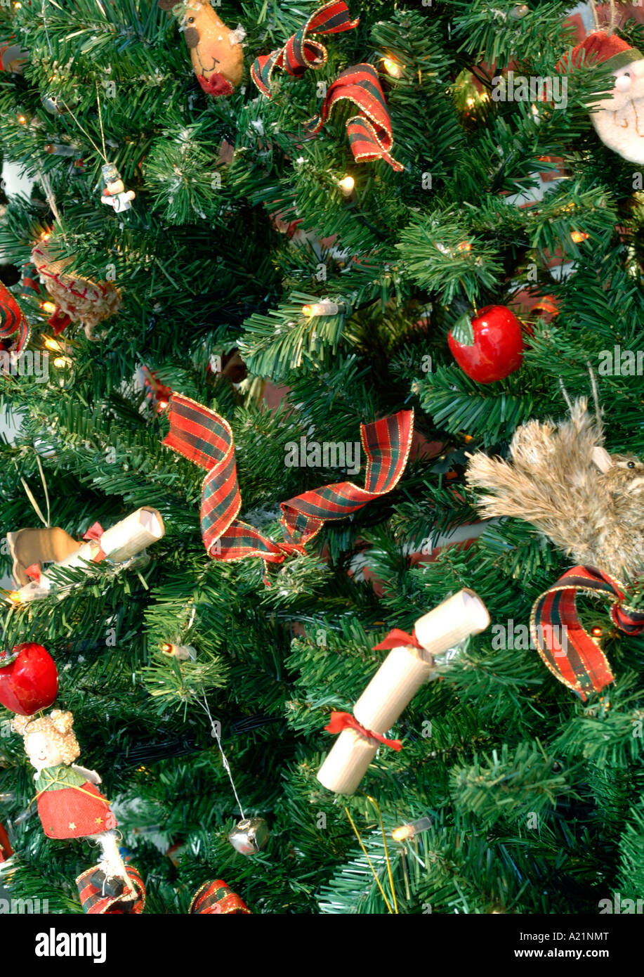 Close up shot of decorations hanging on a Christmas tree Stock Photo ...