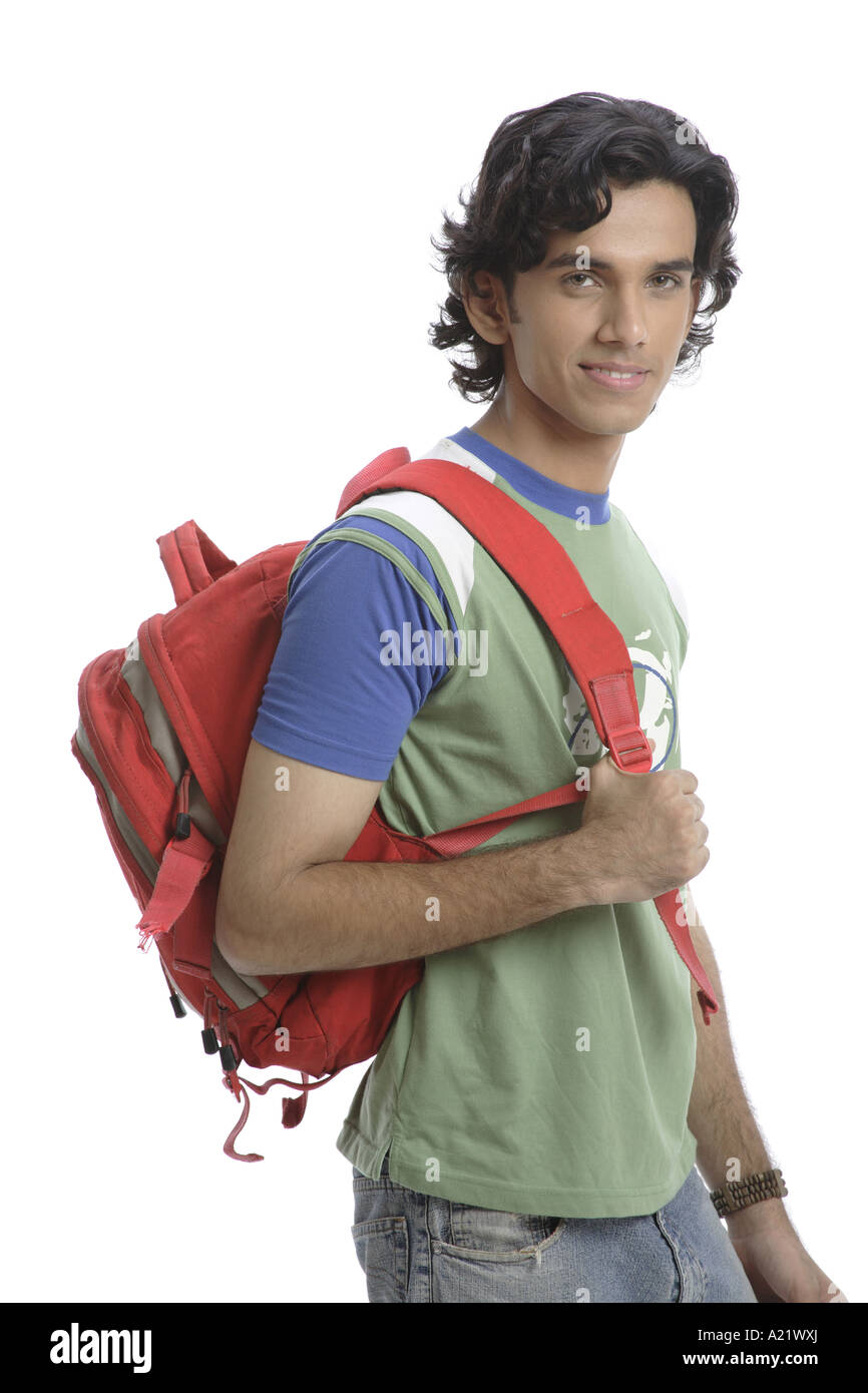ANG200504 Teenage boy holding red colored back bag college student MR ...