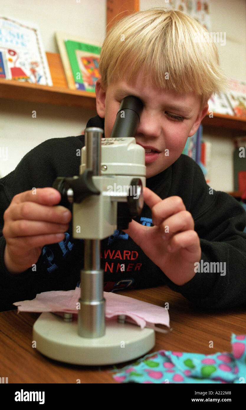 young boy looking down through micro scope at school Stock Photo - Alamy