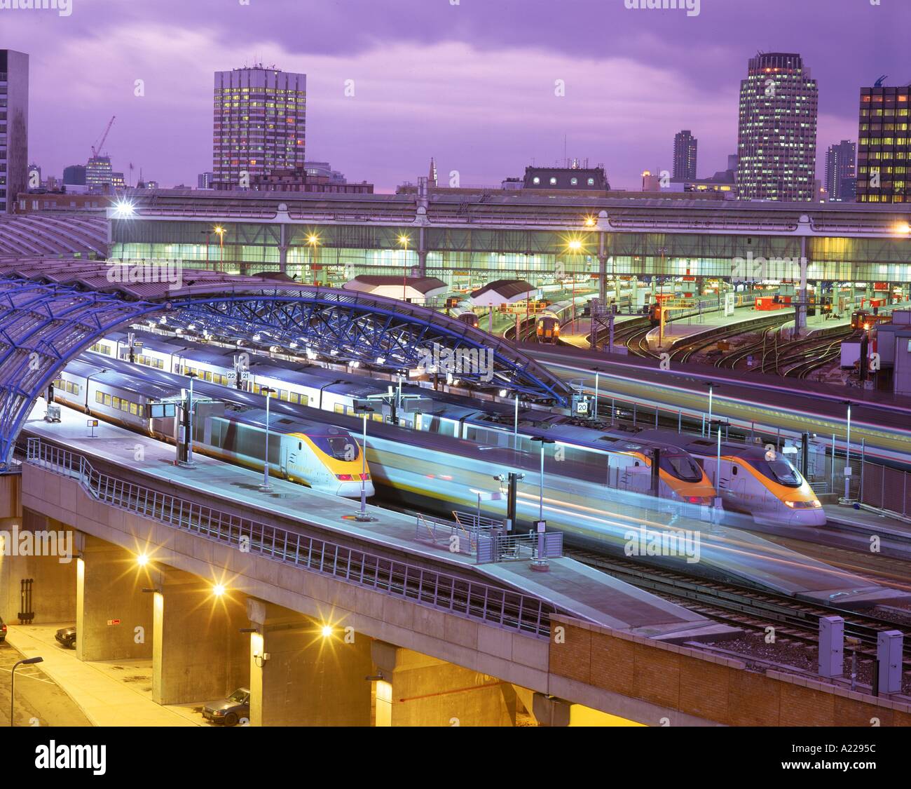 Eurostar trains in Waterloo Terminal at night in London England N ...