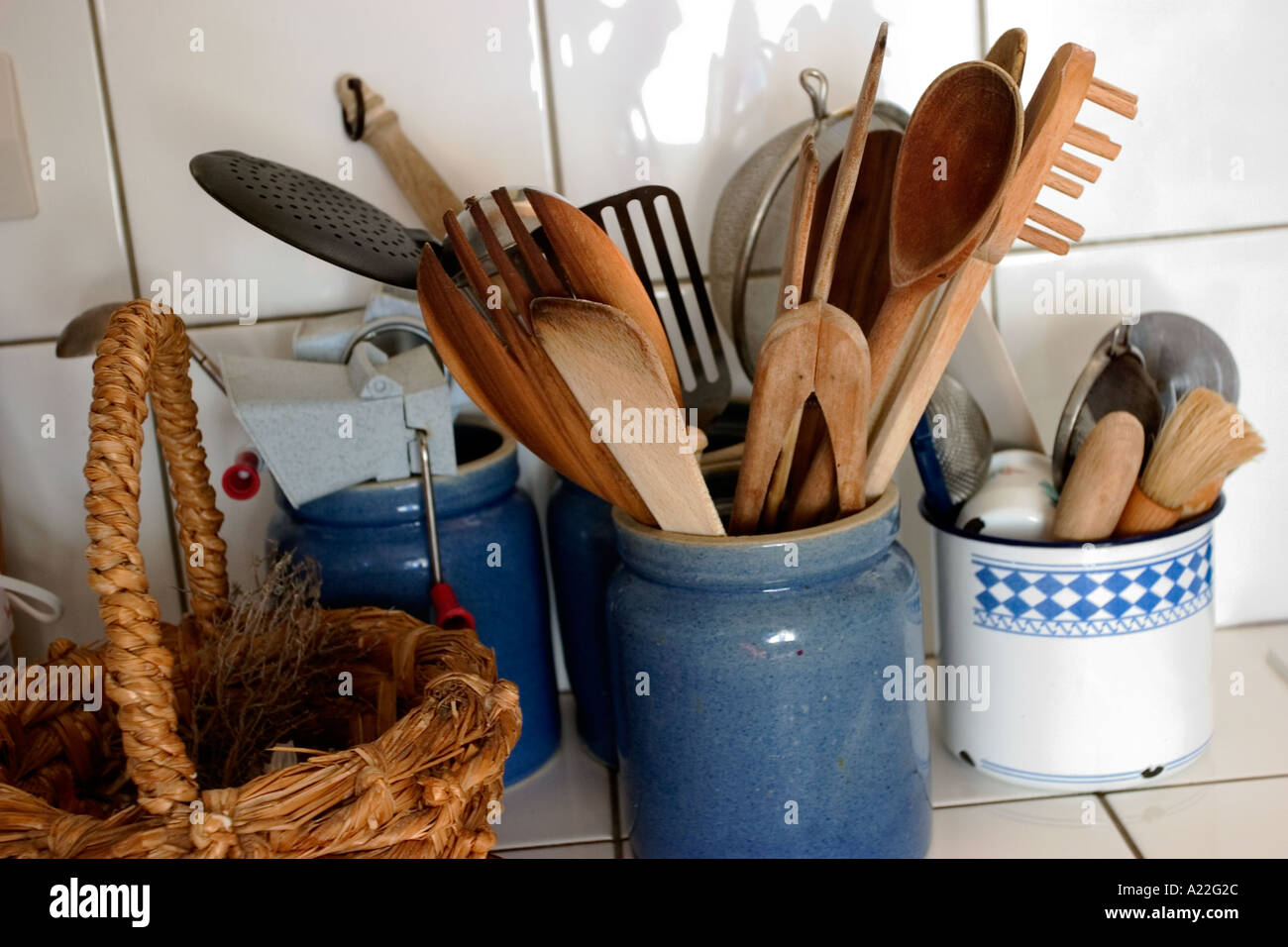 kitchen utensils on the work surfaces Stock Photo - Alamy