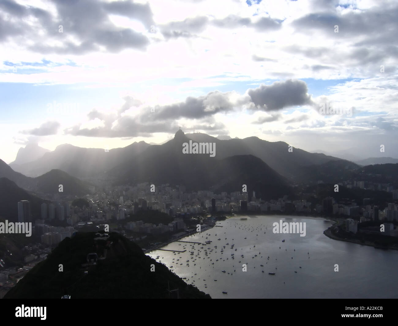 the bay of Rio de Janeiro, Brazil; viewed from high up, with sun ...