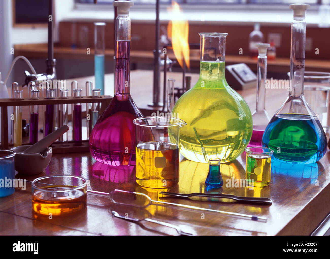 colourful chemical glassware Stock Photo - Alamy