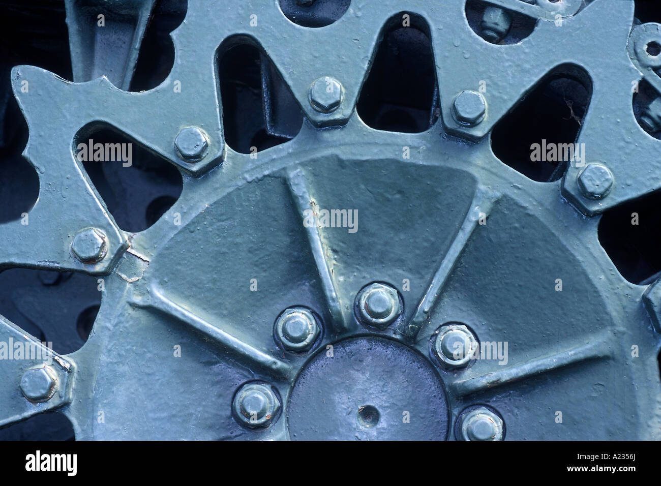 Antique military tank gears. Detail of an antiquated war machine. Heavy ...